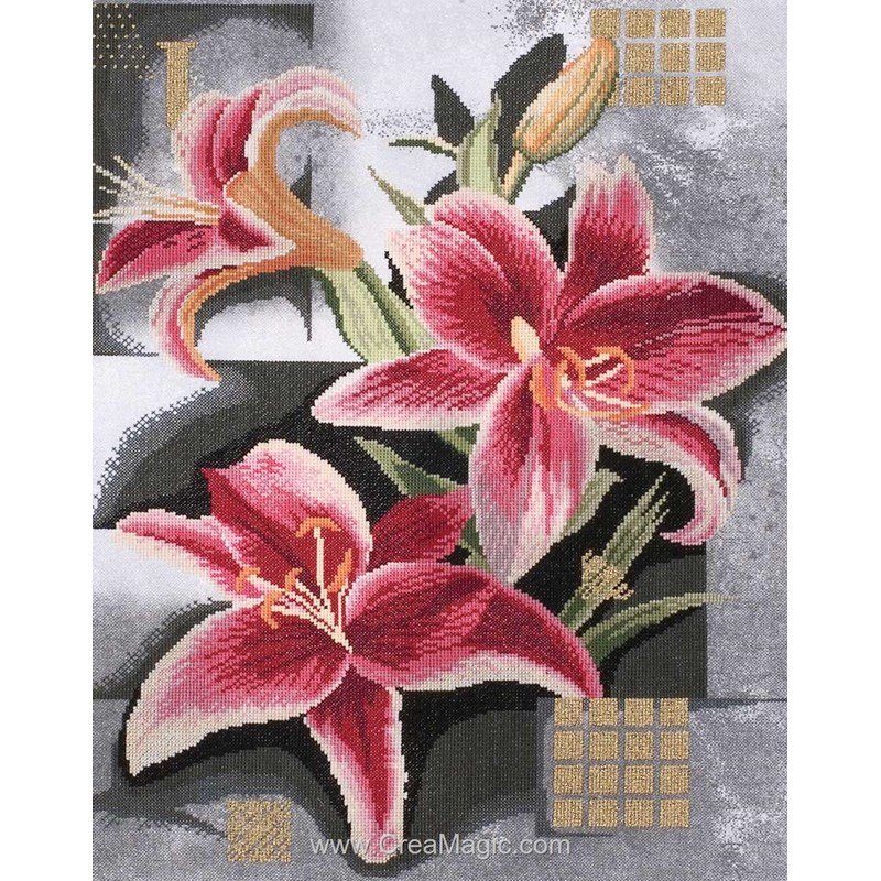 Broderie Lanarte composition of pink lilies sur etamine